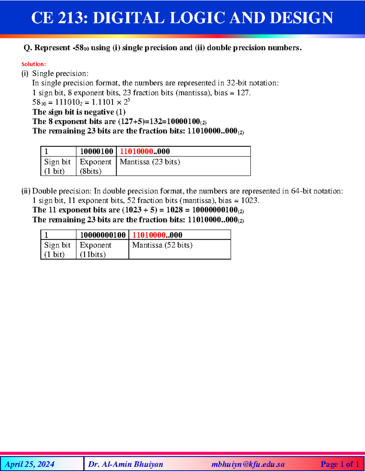Example Solution Assignment Floating Point Numbers - CE 213: DIGITAL LOGIC AND DESIGN April 2 5 ...