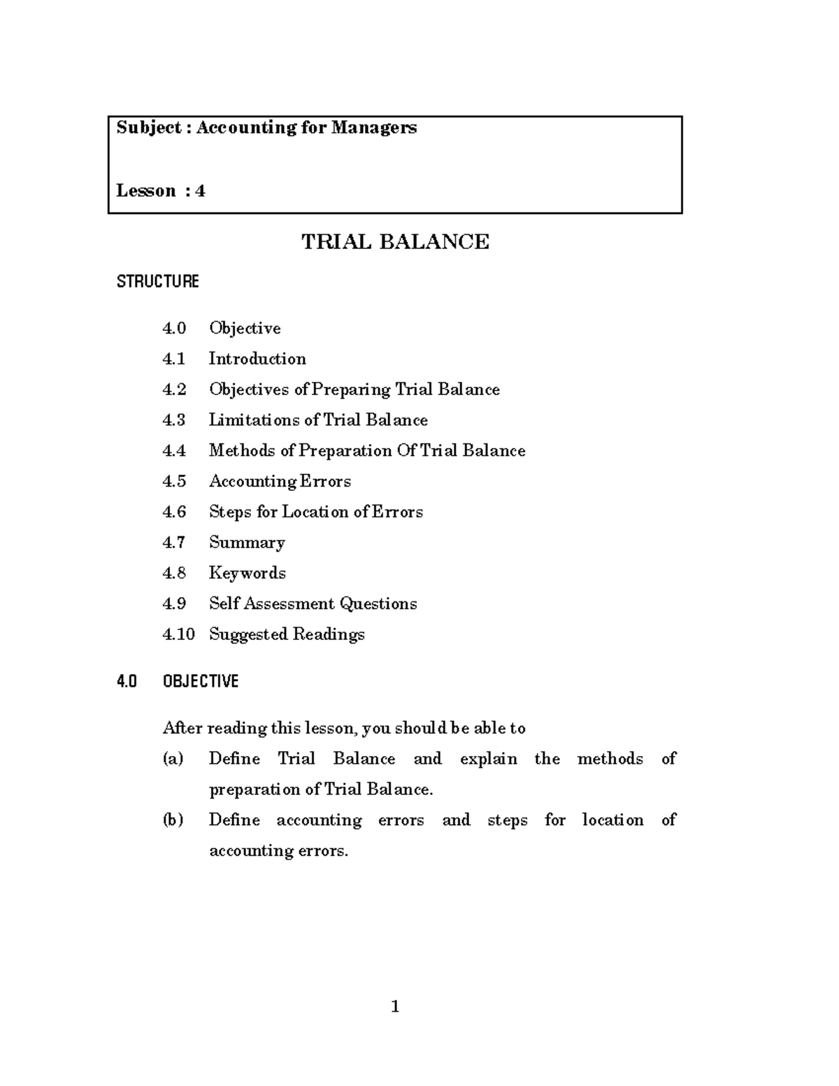 Financial accounting - Lesson : 4 TRIAL BALANCE STRUCTURE 4 Objective 4 ...