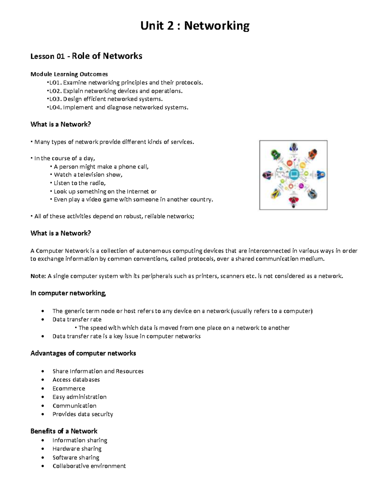 Networking note - Unit 2 : Networking Lesson 01 - Role of Networks Module Learning Outcomes LO1 ...