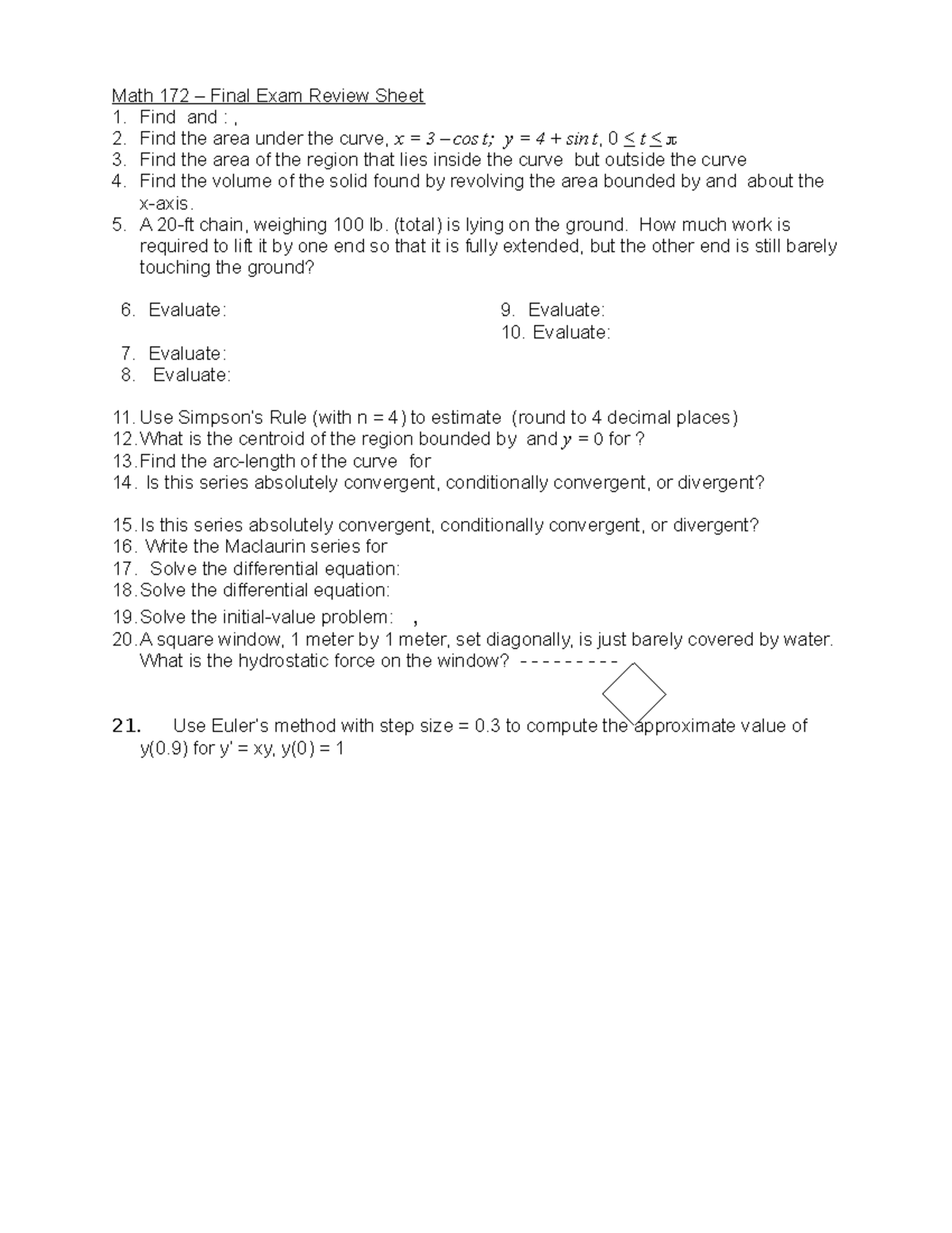 Review finc-172 - Math 172 – Final Exam Review Sheet Find and : , Find ...