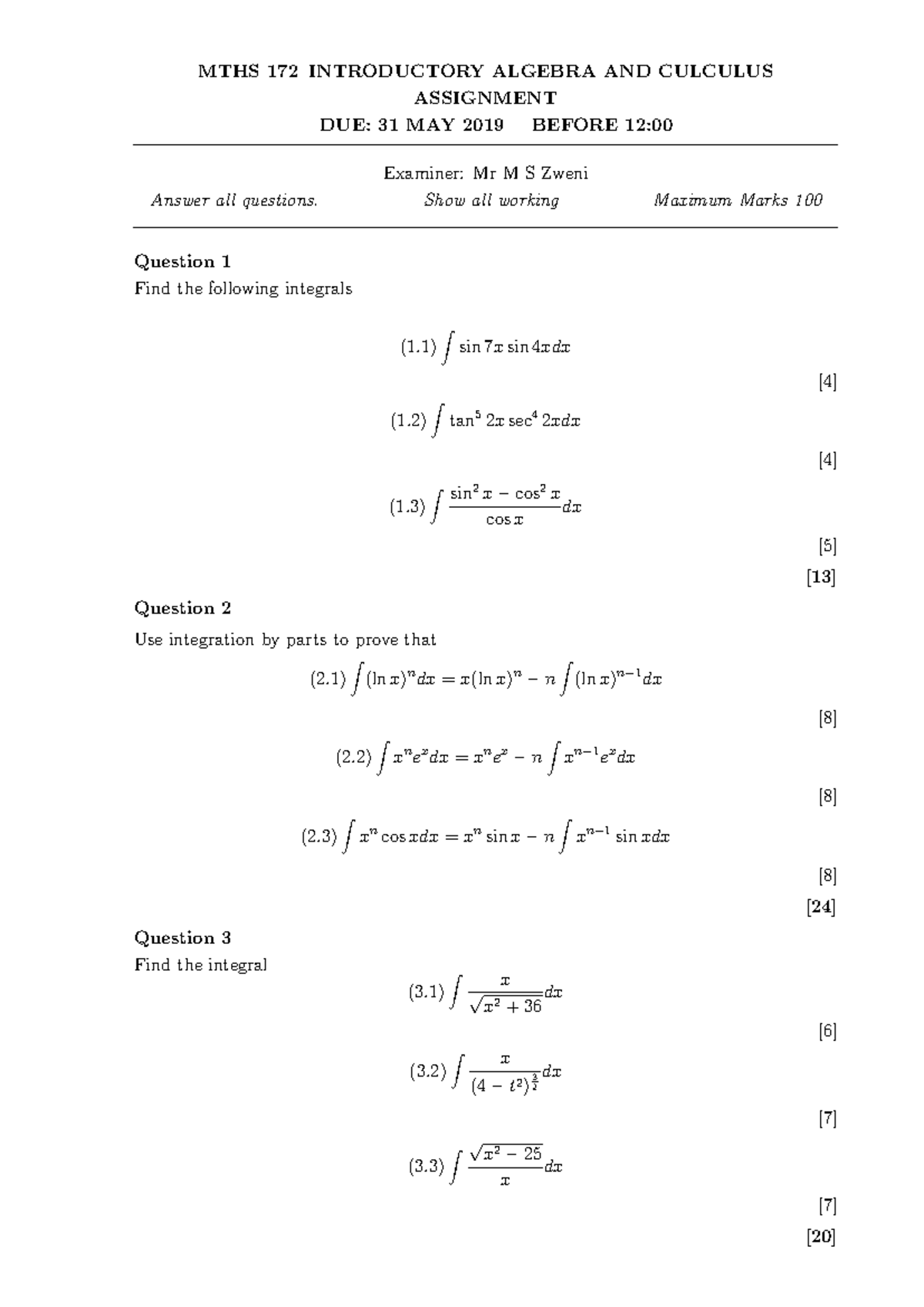 Cmpg 211 Past Semester Tests Mths 172 Introductory Algebra And Culculus Assignment Due 31 May