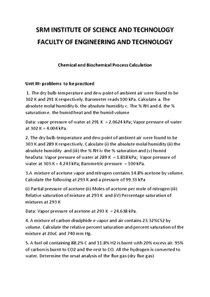 Chemical and Biochemical Process Calculation - Practice Problems - SRM ...