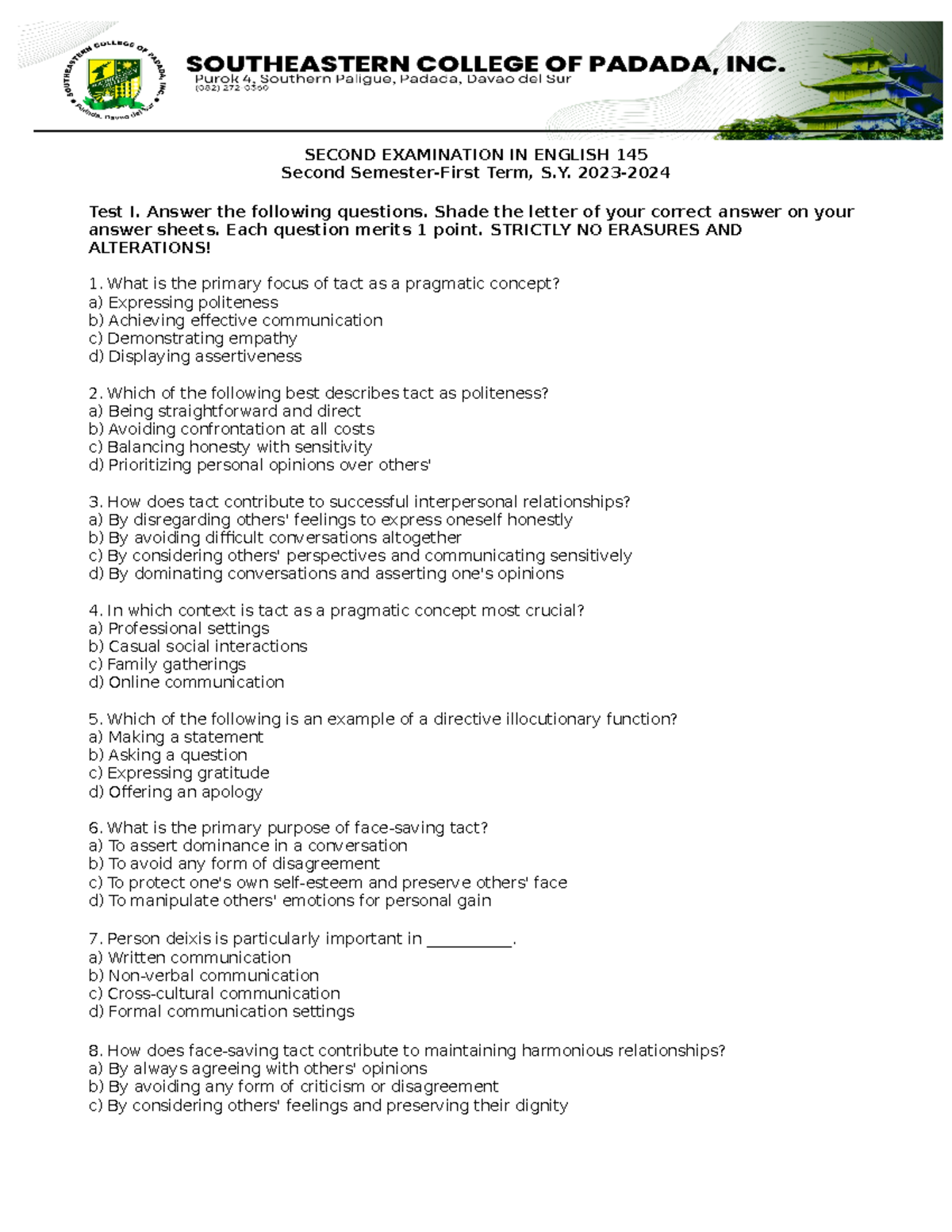Second Examination IN English 145 - SECOND EXAMINATION IN ENGLISH 145 ...