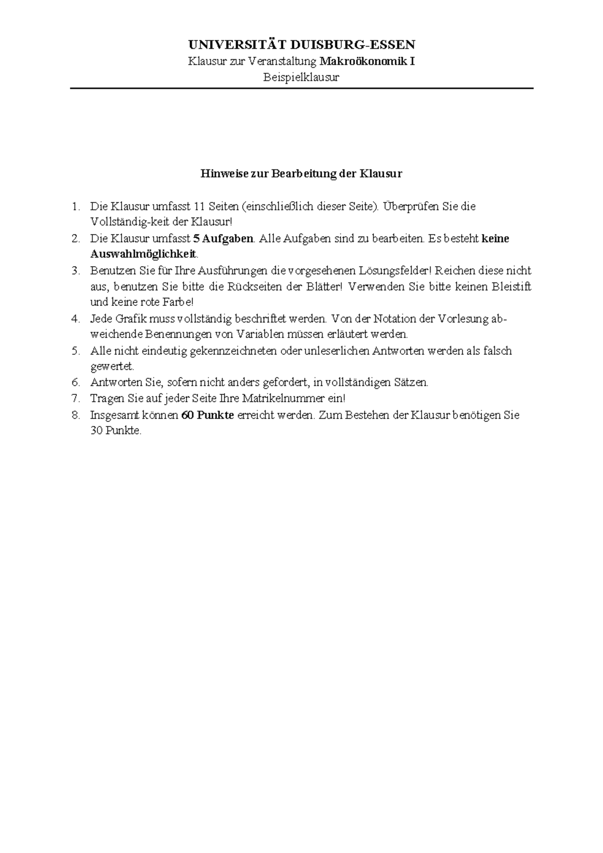 Probeklausur Sommersemester 2017, Fragen und Antworten - UNIVERSITÄT DUISBURG-ESSEN Klausur zur ...