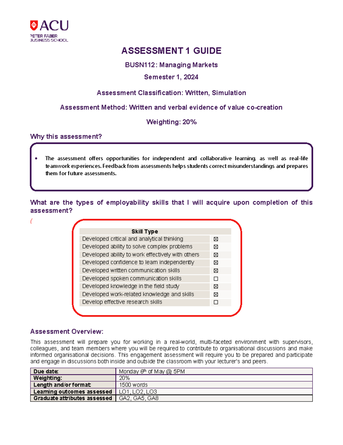 BUSN112 Assessment One - ASSESSMENT 1 GUIDE BUSN112: Managing Markets ...