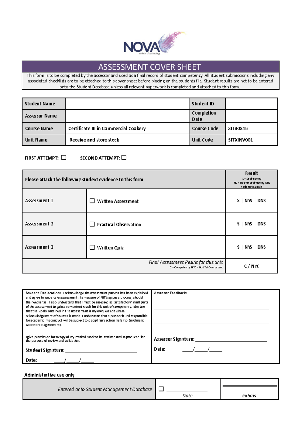 Whatsapp- Sitxinv 001 Student Pack - ASSESSMENT COVER SHEET This form ...