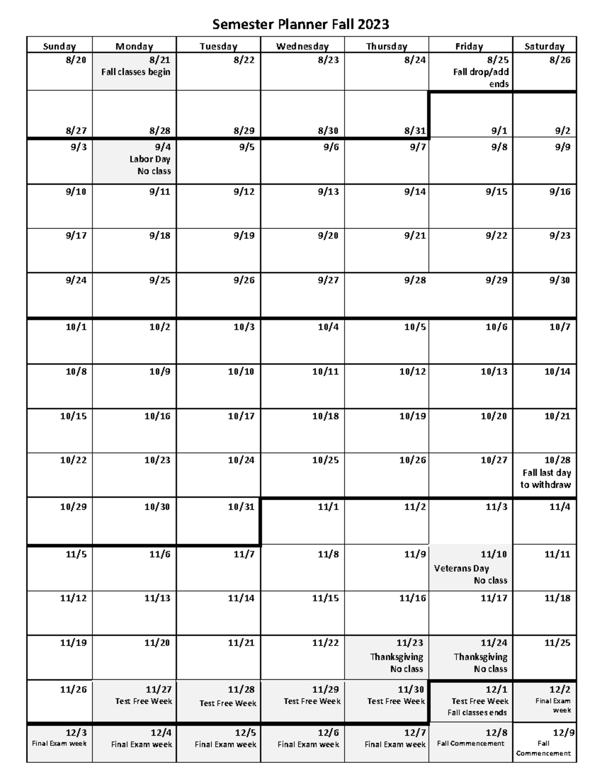Semester Planner Fall 2023 - Semester Planner Fall 2023 Sunday Monday ...