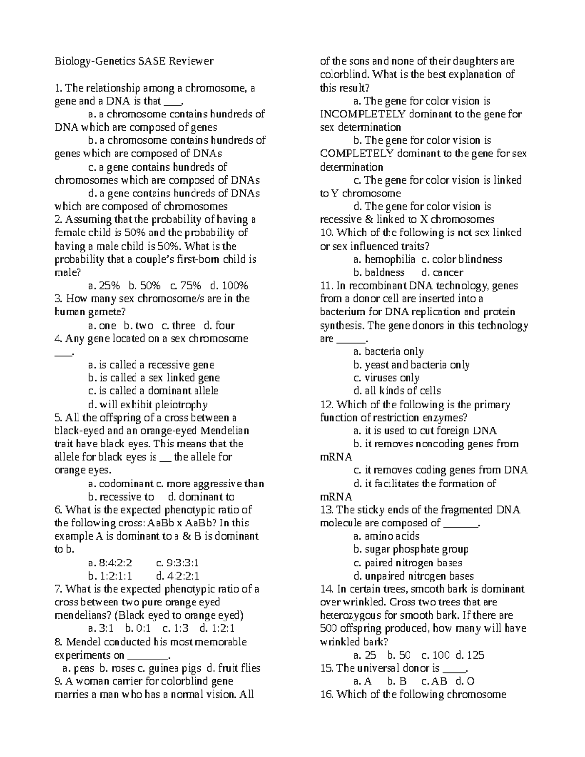 Biology genetics sase reviewer pdf free - Biology-Genetics SASE Reviewer The relationship among ...