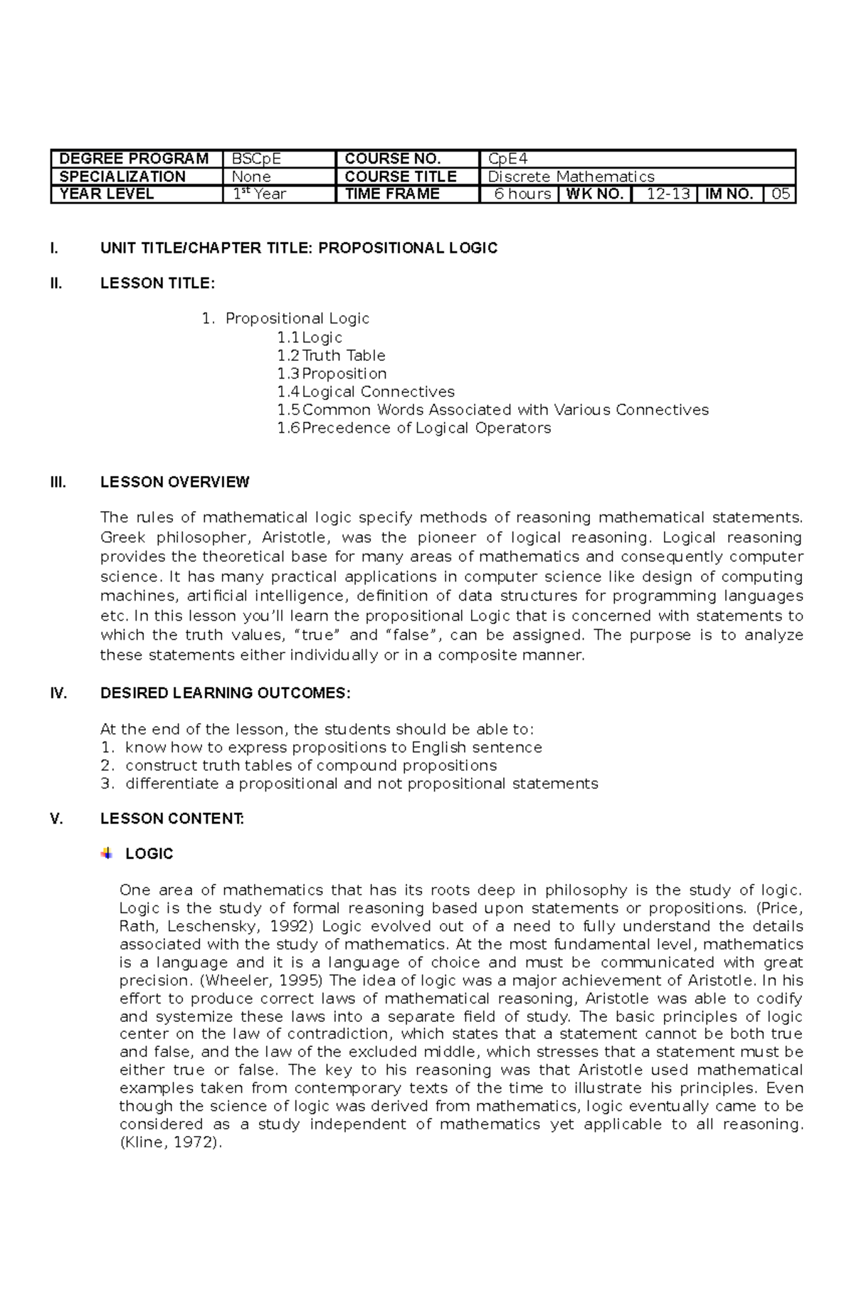 Instructional Module 5 - Propositional Logic - DEGREE PROGRAM BSCpE COURSE NO. CpE ...