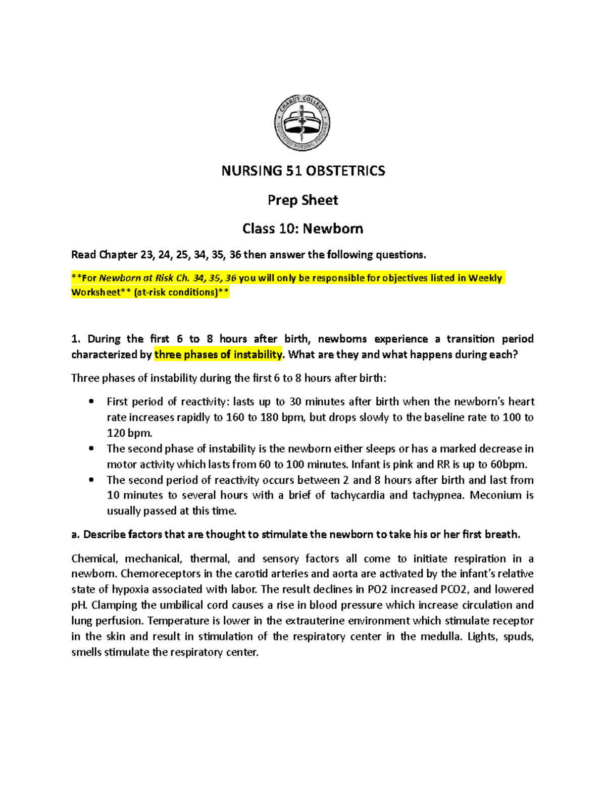 N51 prep sheet 10S22 - NURSING 51 OBSTETRICS Prep Sheet Class 10 ...