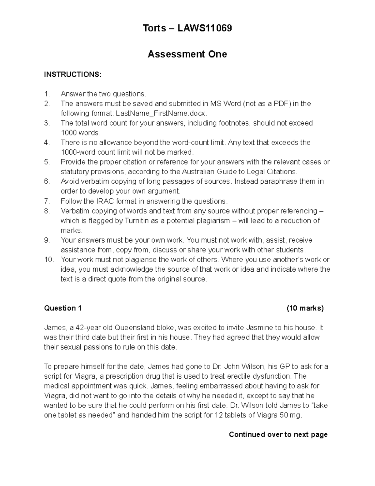 LAWS11069 Assessment 1 (2021 T2) v2 - Torts – LAWS Assessment One ...