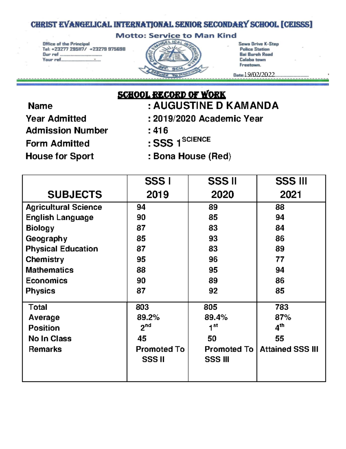 Transcript Recommendation Letter Augustine D Kamanda - SCHOOL RECORD OF WORK Name : AUGUSTINE D ...