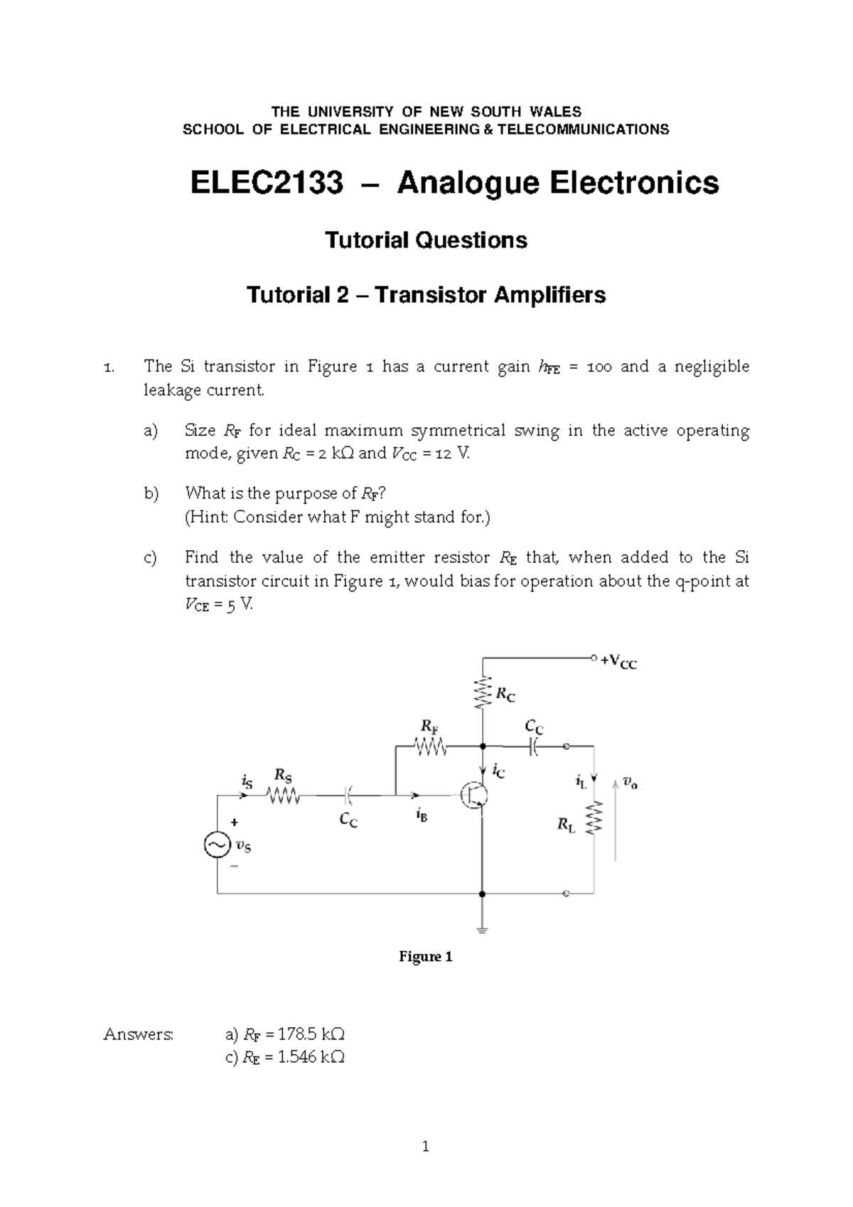 Tutorial 2 - Transistors - THE UNIVERSITY OF NEW SOUTH WALES SCHOOL OF ...