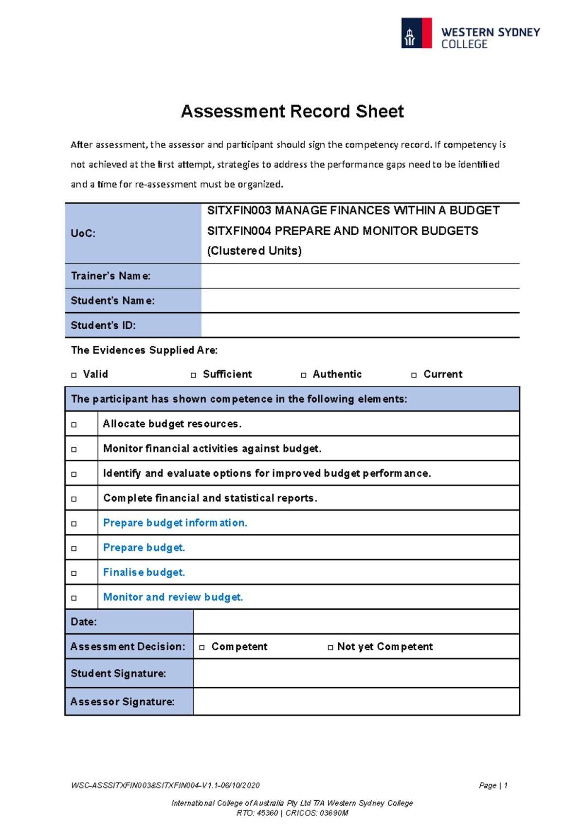 Final Record Sheet V 1 - Assessment Record Sheet After assessment, the ...