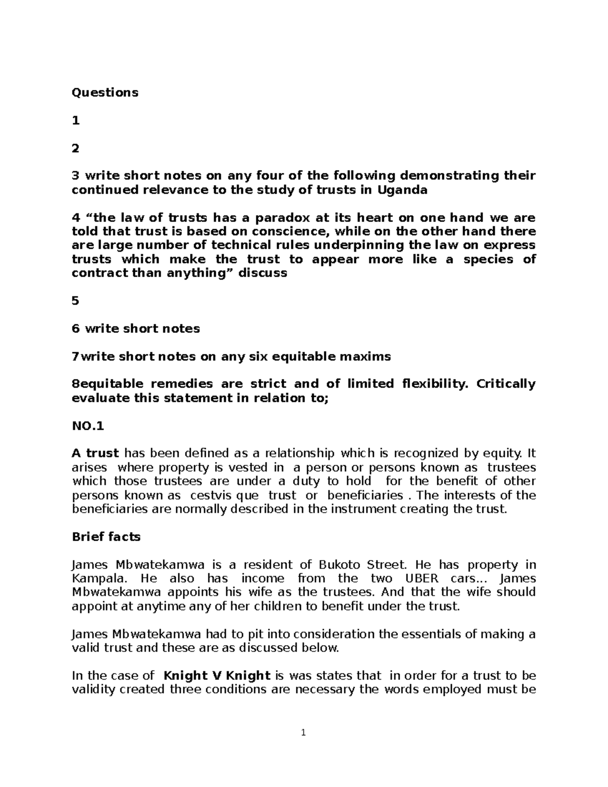 Equity AND Trust Q&A - Questions 1 2 3 write short notes on any four of ...