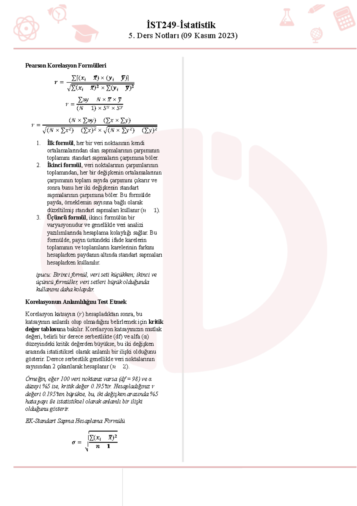 İST249 5. Ders Notları 09 Kasım 2023 - İST249-İstat,st,k 5. Ders Notları ( 09 Kasım 2023 ...