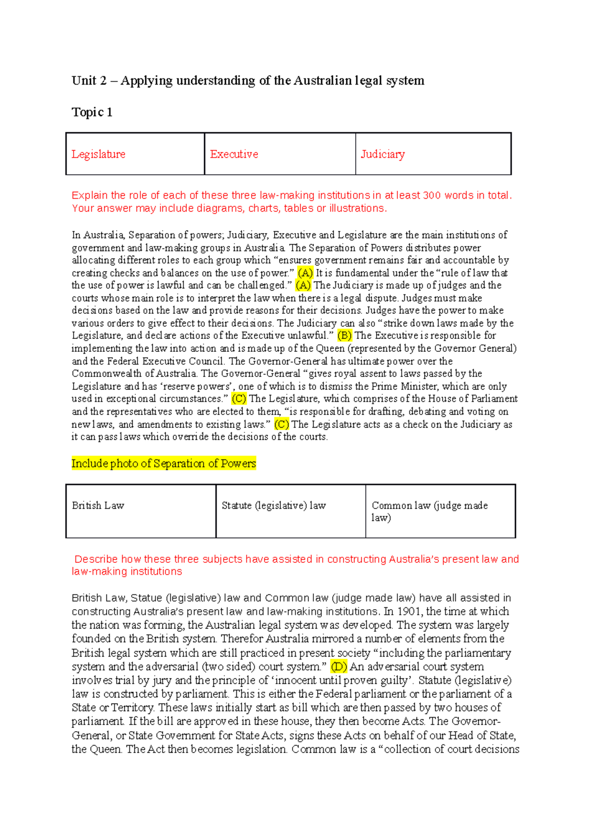 Cert 4 Unit 2 - asdfgh - Unit 2 – Applying understanding of the Australian legal system Topic 1 ...
