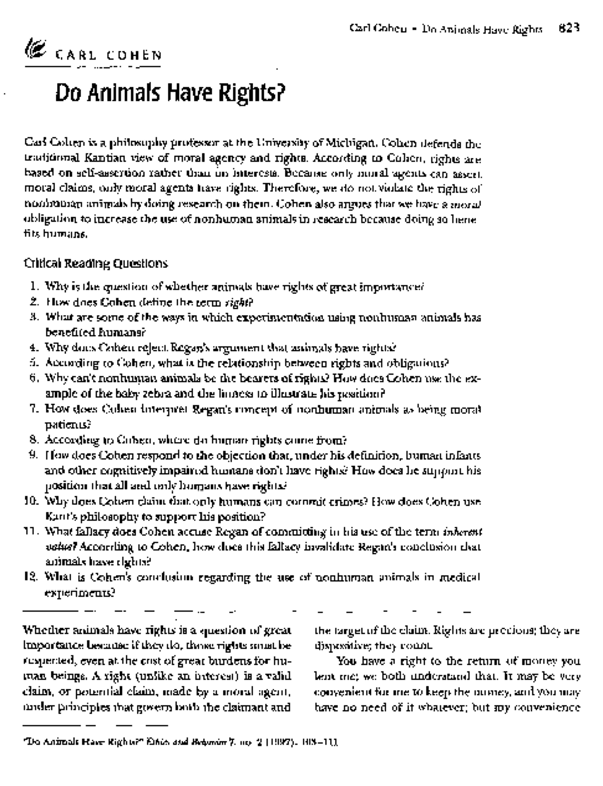 Cohen - do animals have rights - PHI 1630 - Studocu