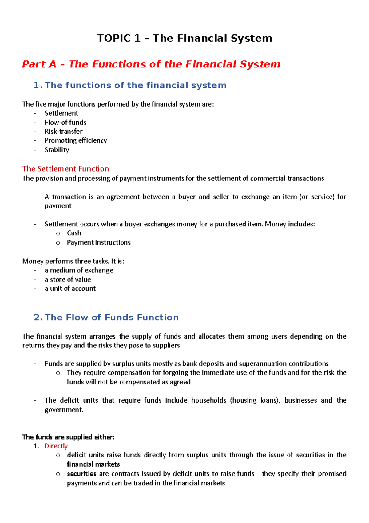 The Financial System - notes - TOPIC 1 – The Financial System Part A ...