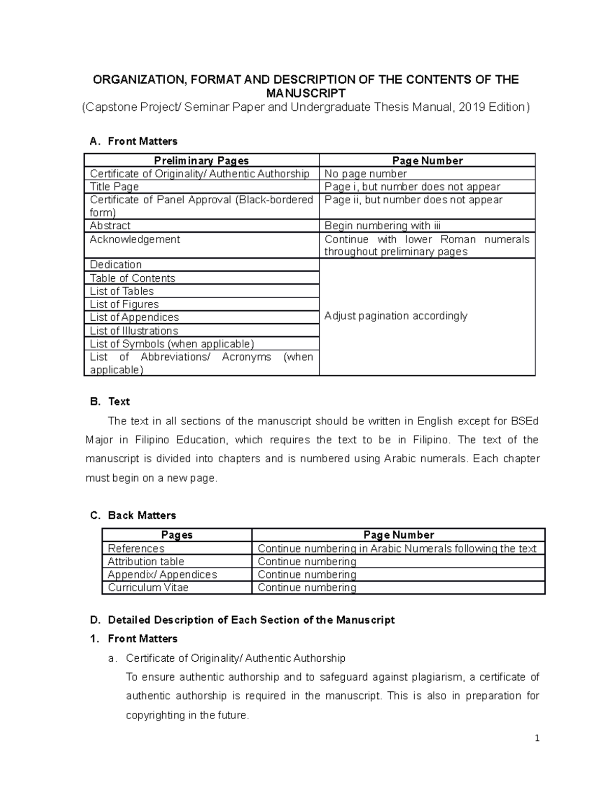 Guidelines in Writing Undergraduate Research - ORGANIZATION, FORMAT AND ...