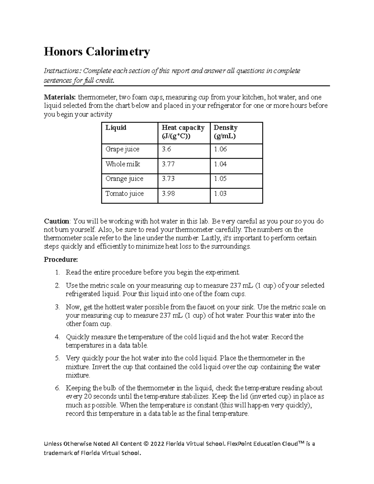7.03 worksheet Honors Calorimetry - Honors Calorimetry Instructions ...