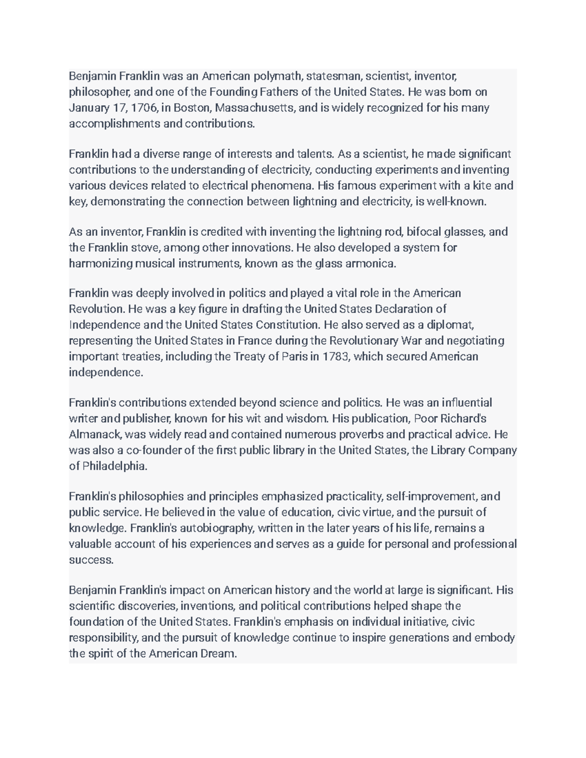 Benjamin Franklin - He was born on January 17, 1706, in Boston ...