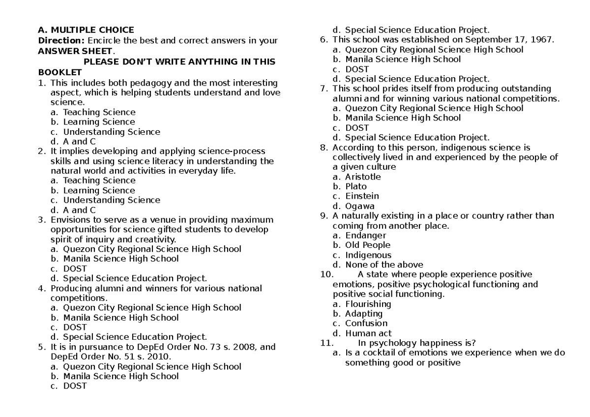 Midterm STS Questions - LECTURE NOTES - A. MULTIPLE CHOICE Direction ...