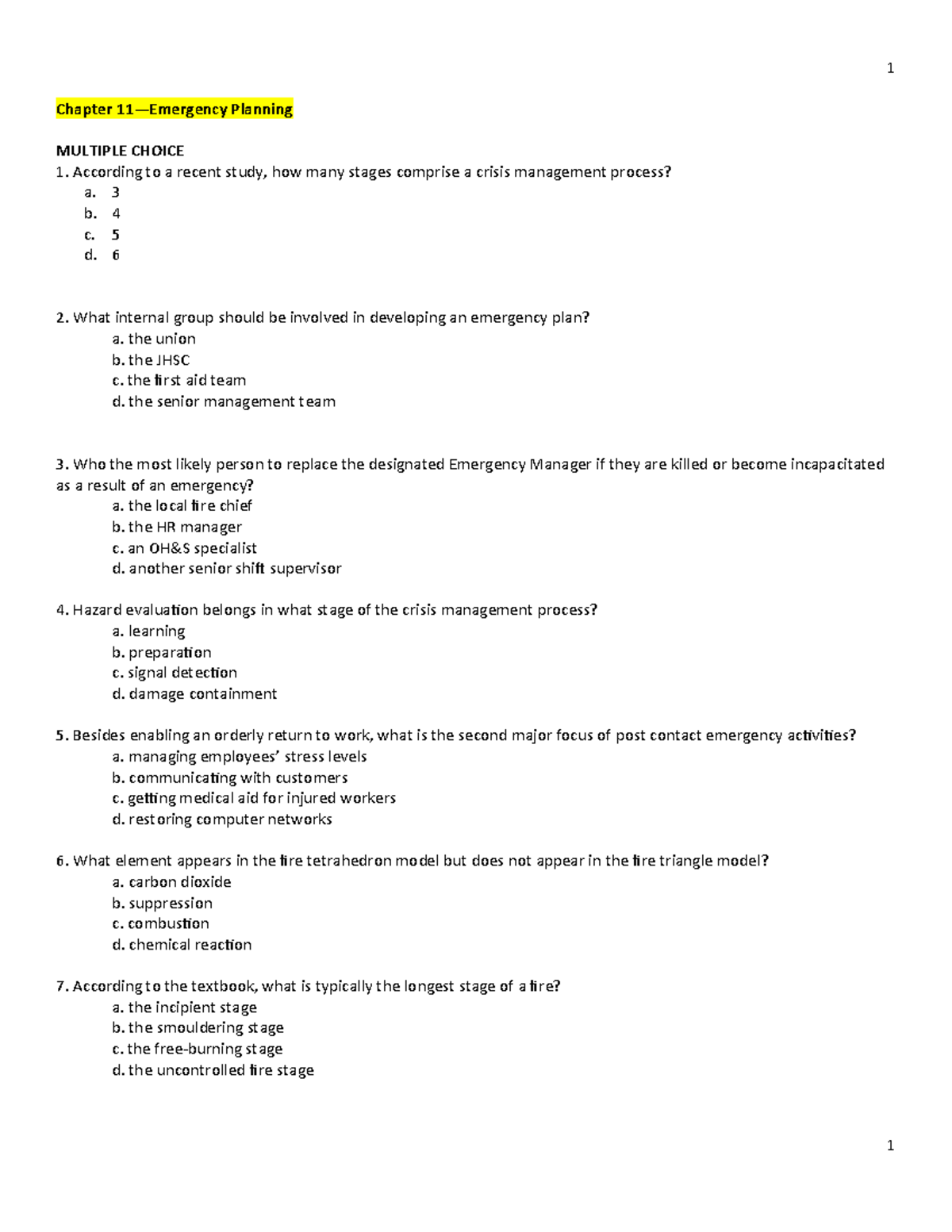 Practice Questions CH 11 CH 14 W23 - Chapter 11—Emergency Planning MULTIPLE CHOICE According to ...