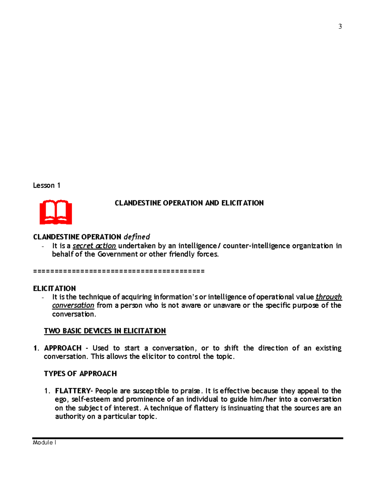Clandestine Operation and Elicitation - 3 Module I Lesson 1 CLANDESTINE ...