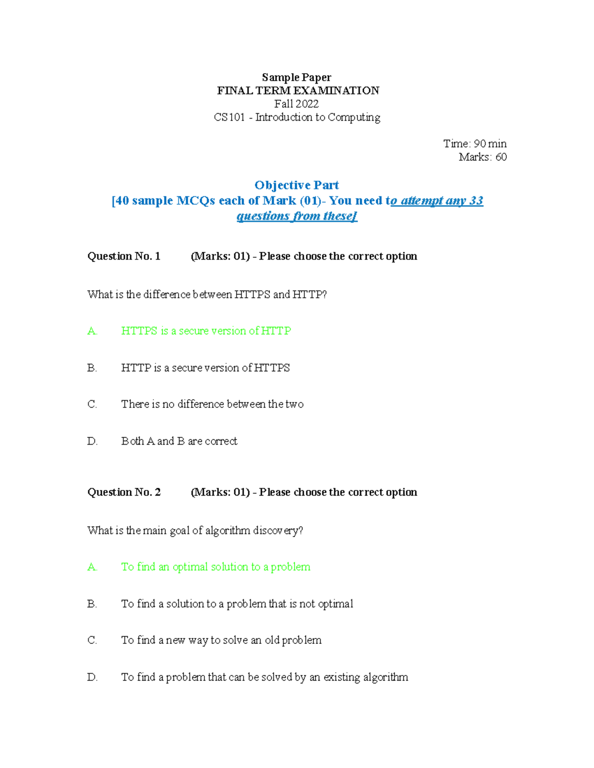 CS101 Sample Paper (Final) - Sample Paper FINAL TERM EXAMINATION Fall 2022 CS101 - Introduction ...