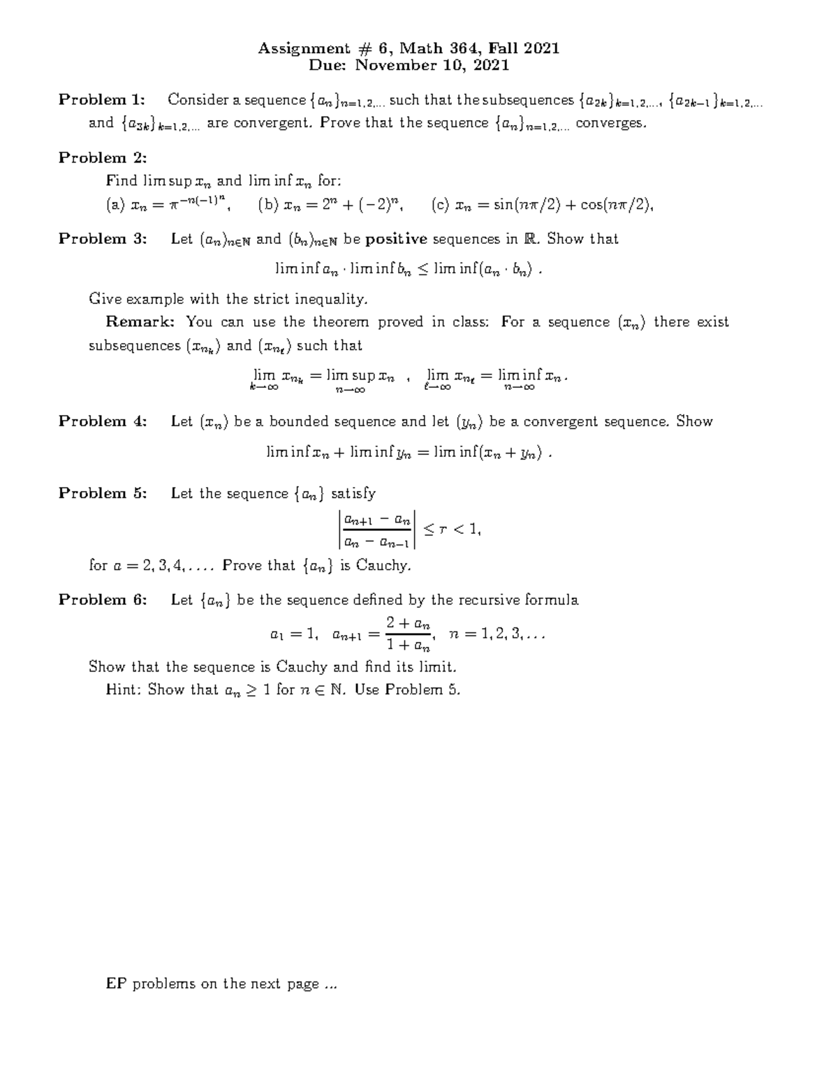 Assignment 6 364 2021 - note - Assignment # 6, Math 364, Fall 2021 Due ...
