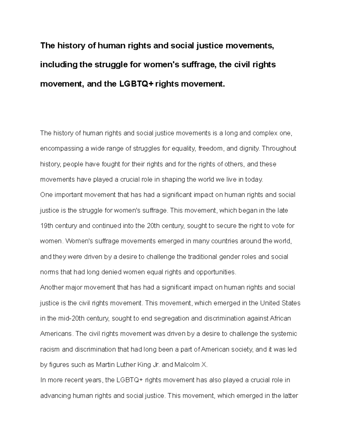 The history of human rights and social justice movements, including the ...