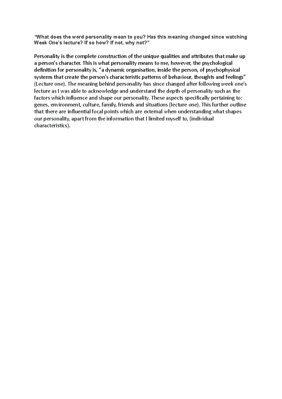 Personality reflection 1 - “What does the word personality mean to you ...