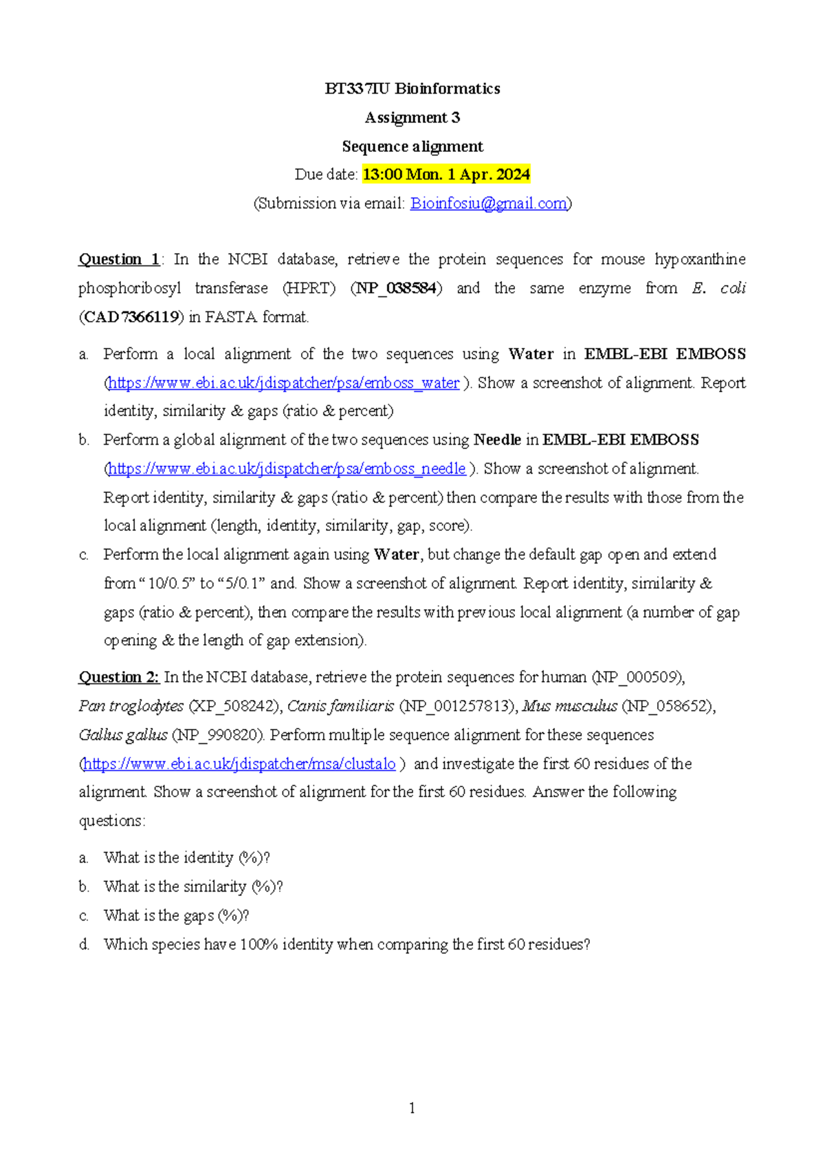 Assignment 3 - Sequence alignment - 26 Mar 24 - BT337IU Bioinformatics Assignment 3 Sequence ...