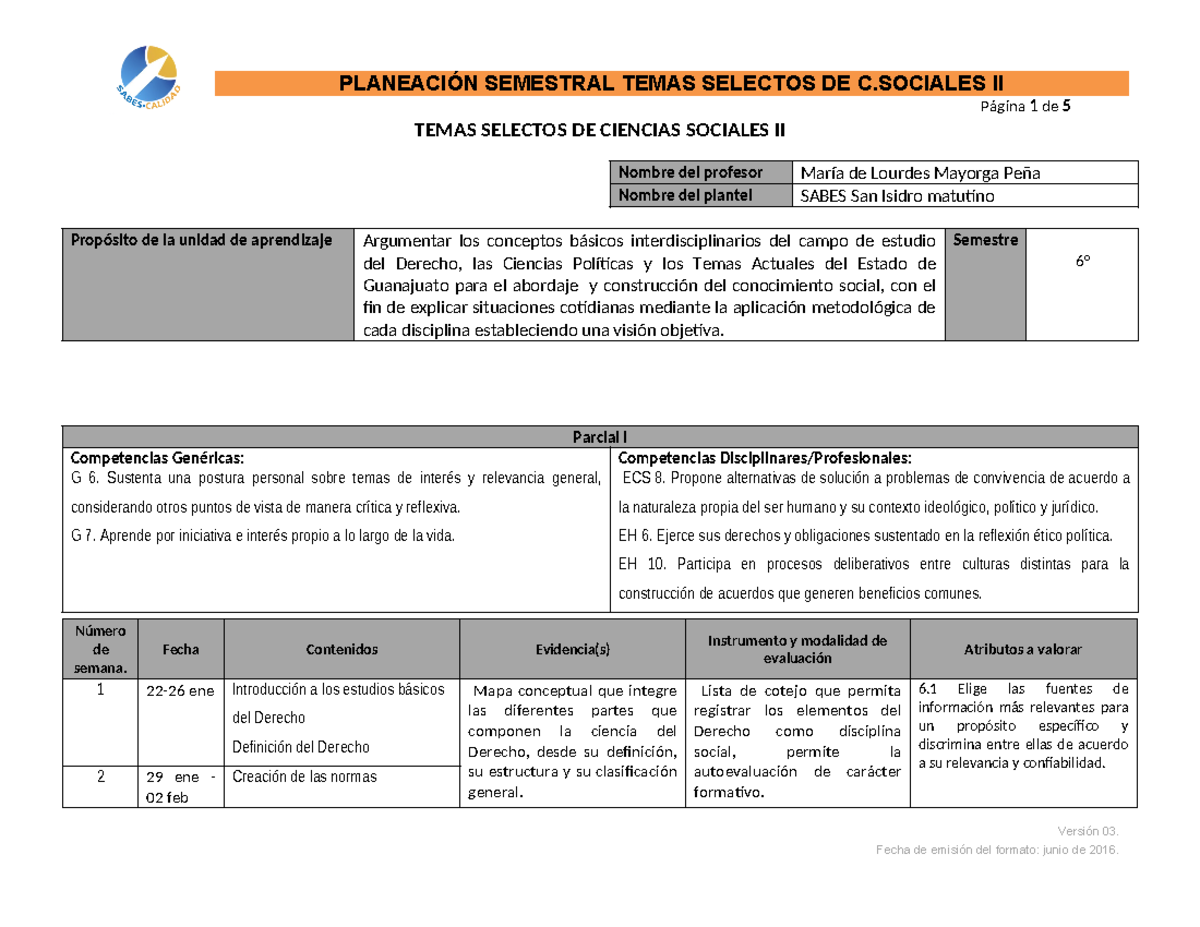 Planeación Temas selectos Ciencias sociales II 2024 - Página 1 de 5 TEMAS SELECTOS DE CIENCIAS ...