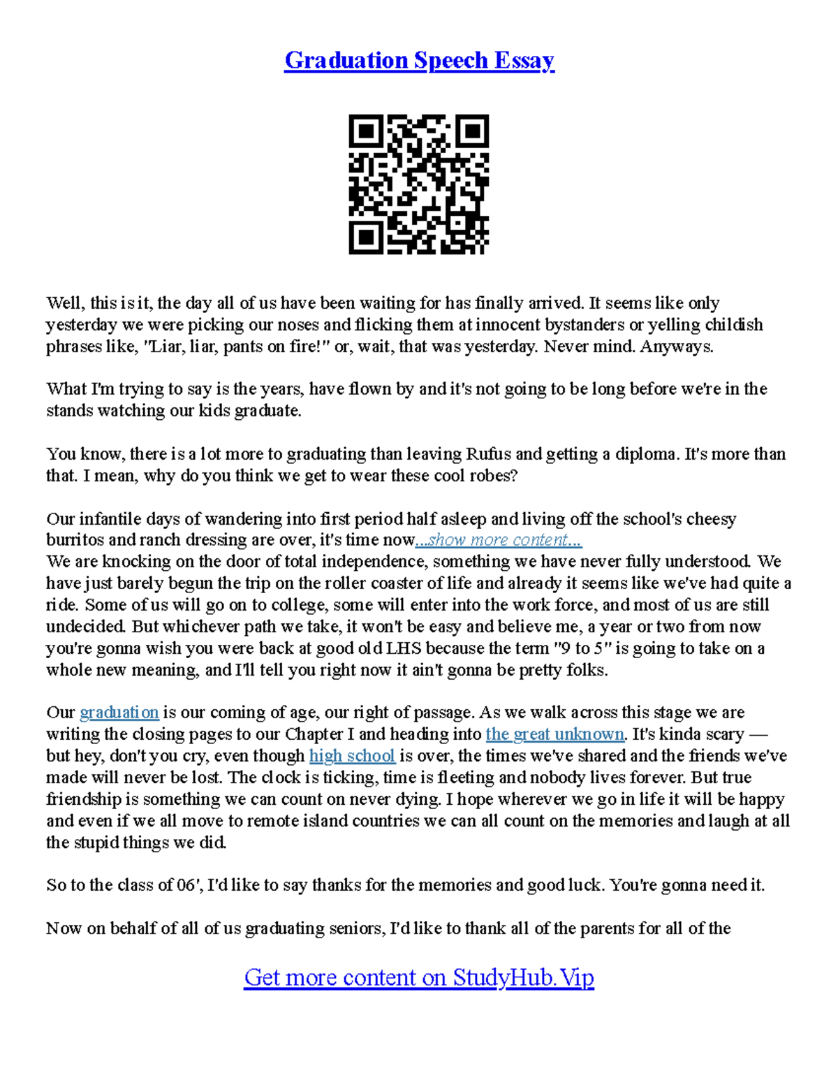 Sample Essay For Graduate School - Graduation Speech Essay Well, this ...