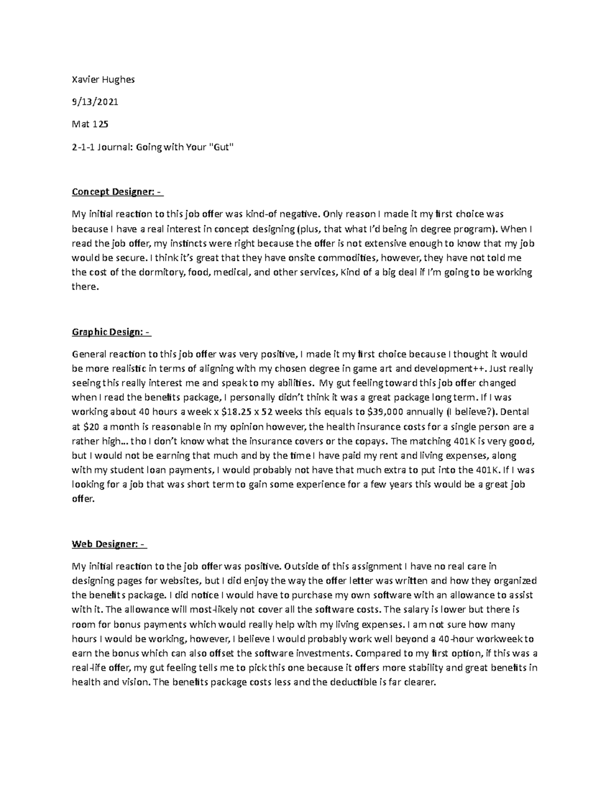 2-1-1 Journal Going With Your Gut (Xavier Hughes) - Xavier Hughes 9/13 ...