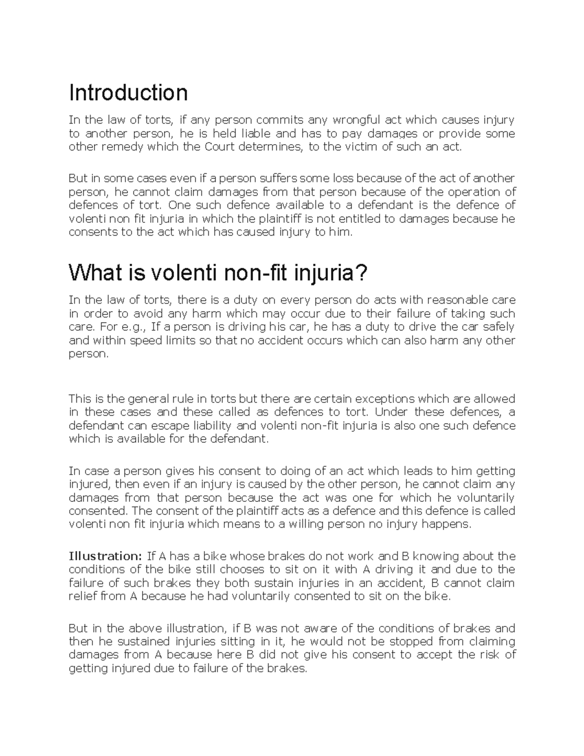 Volenti non fit injuria - Introduction In the law of torts, if any ...
