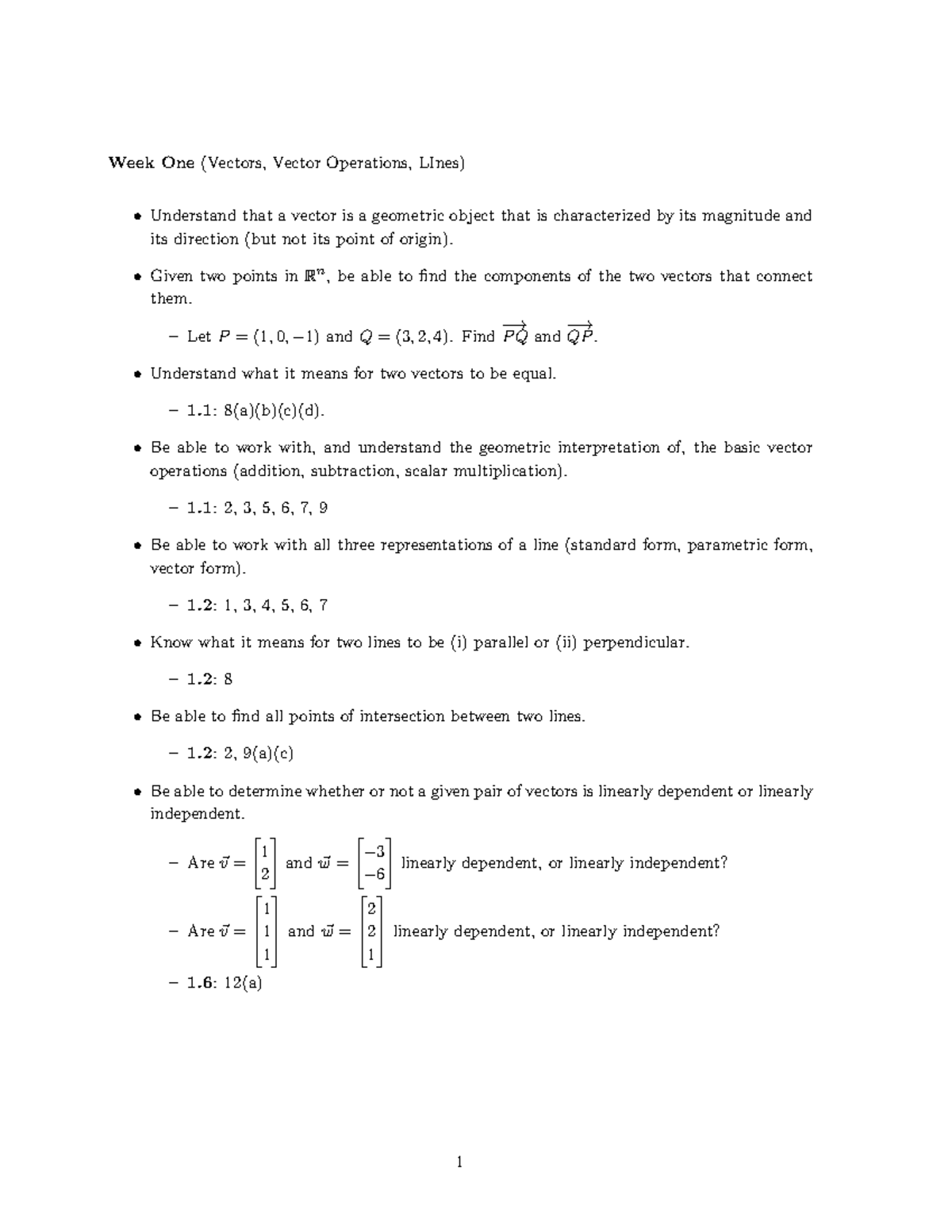 MA122 Midterm Topic List - Week One(Vectors, Vector Operations, LInes ...