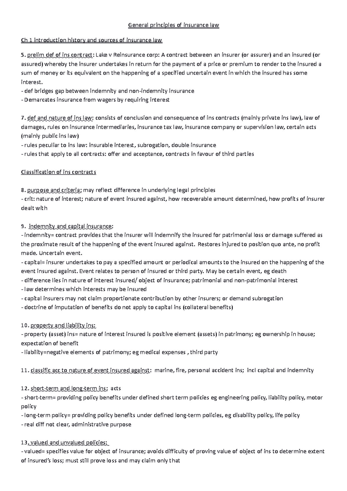 LML4805-insurance law summaries - General principles of insurance law ...