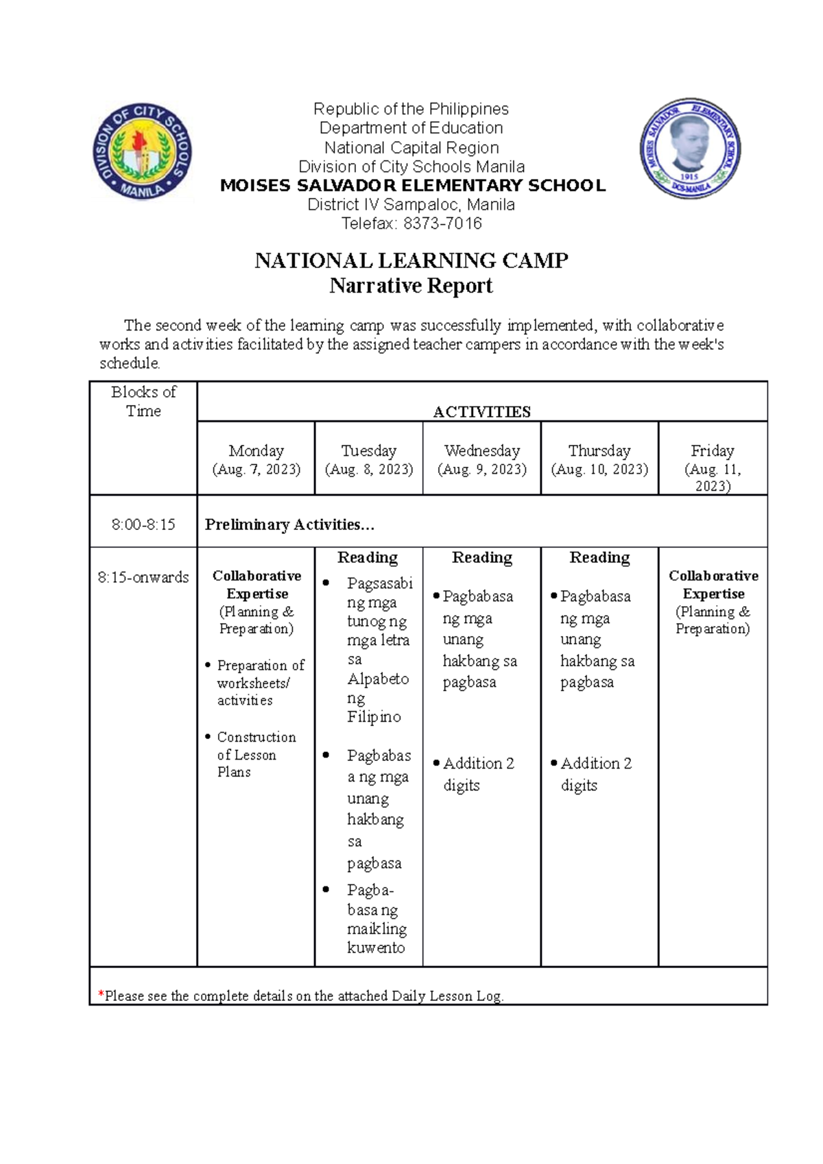 NLC 2nd-Week Narrative-Report - Republic of the Philippines Department ...