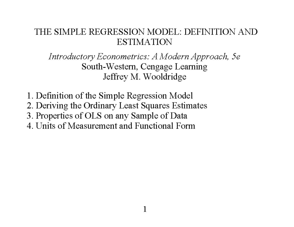 Slides 2 Simple Regression - THE SIMPLE REGRESSION MODEL: DEFINITION ...