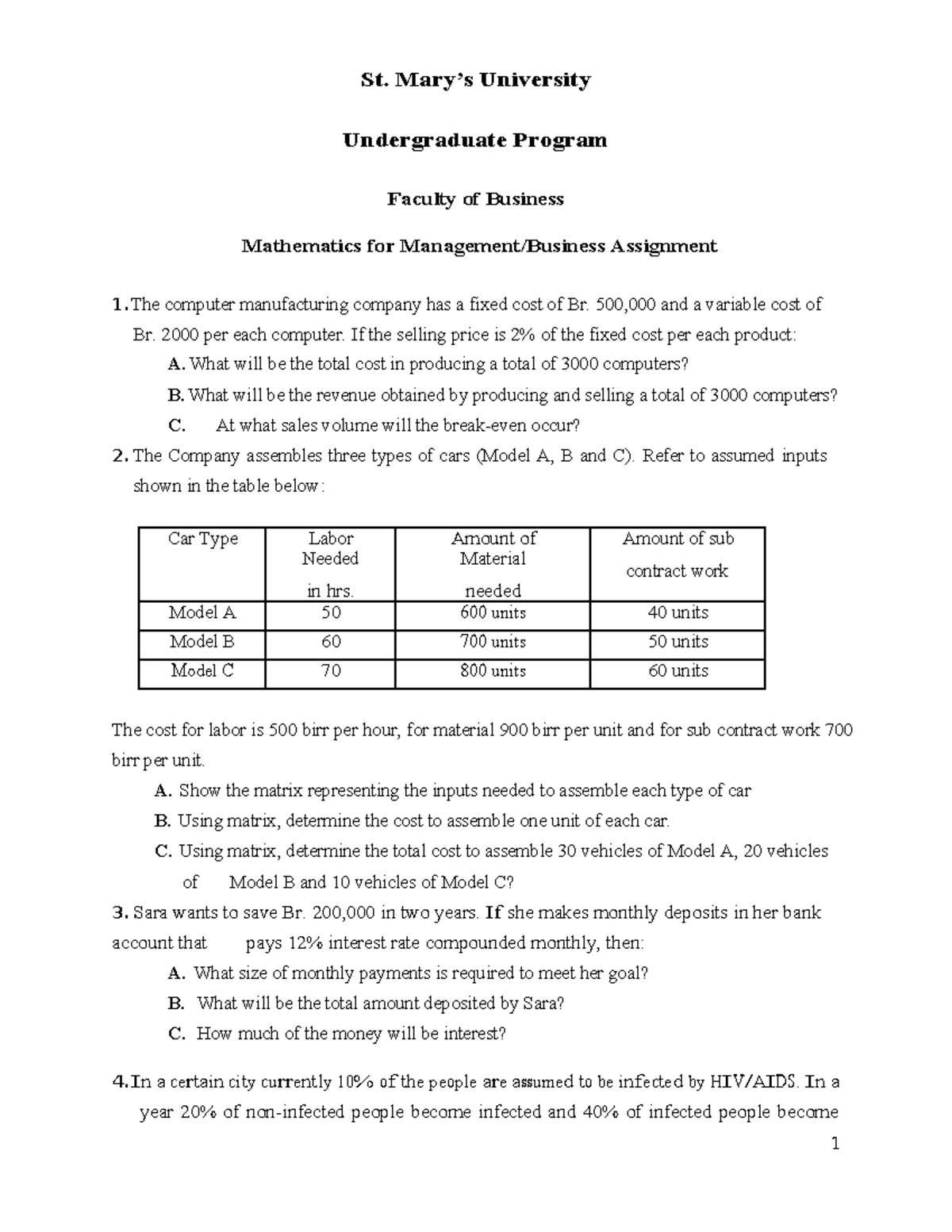 Mathematics for Management or Business Assignment - 1 St. Mary’s ...