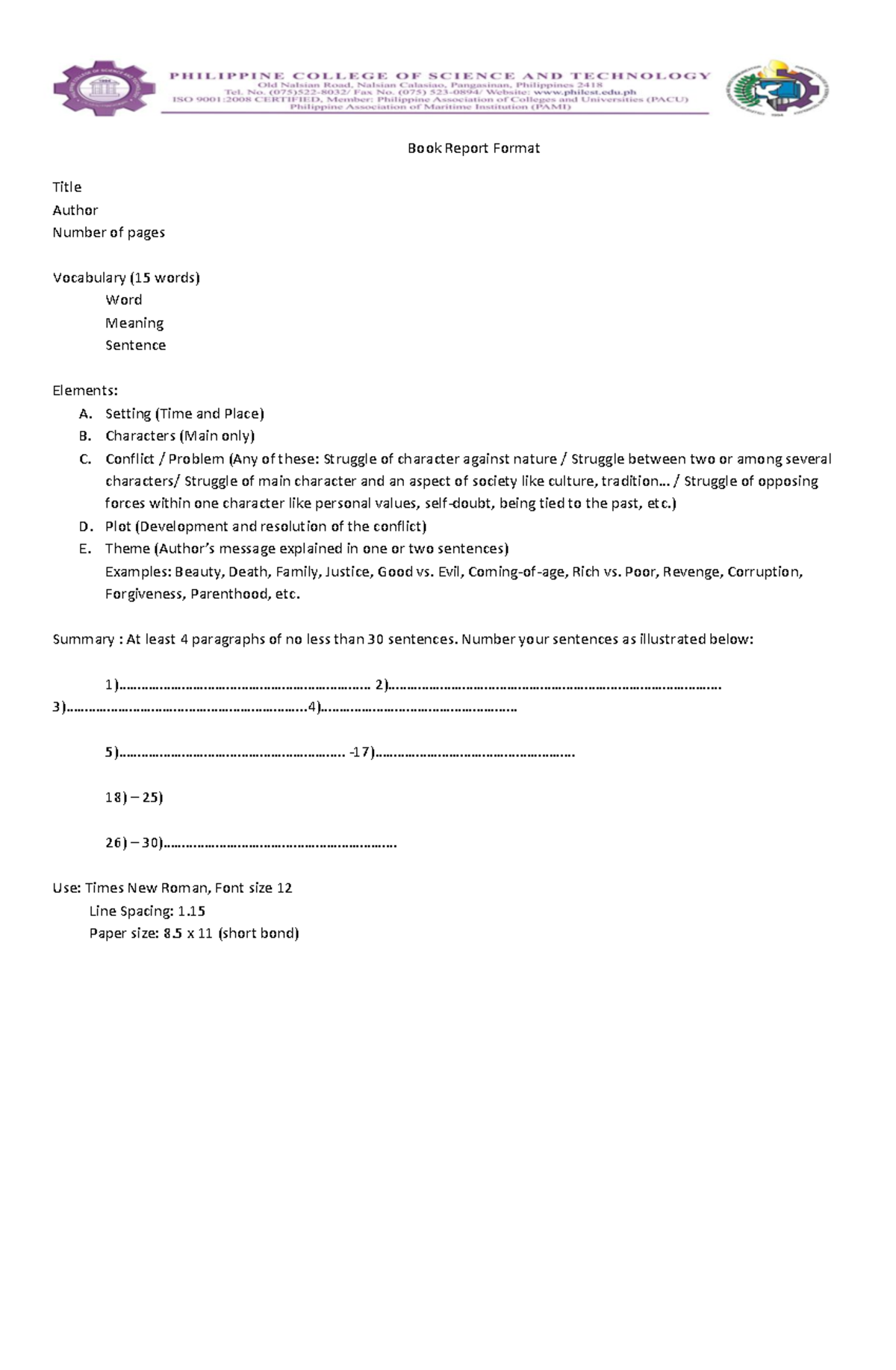 7b- 2 COA 2 Pecms 6, Bk Rep. Format - Book Report Format Title Author ...