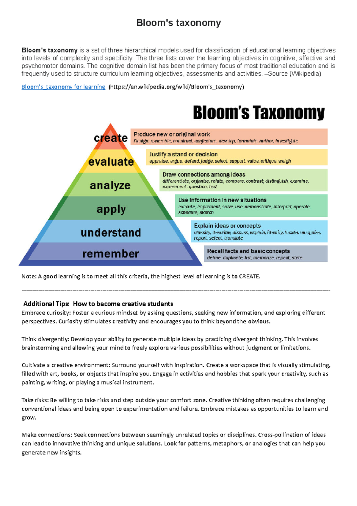 Bloom taxonomy - no idea - Bloom's taxonomy Bloom's taxonomy is a set of three hierarchical ...
