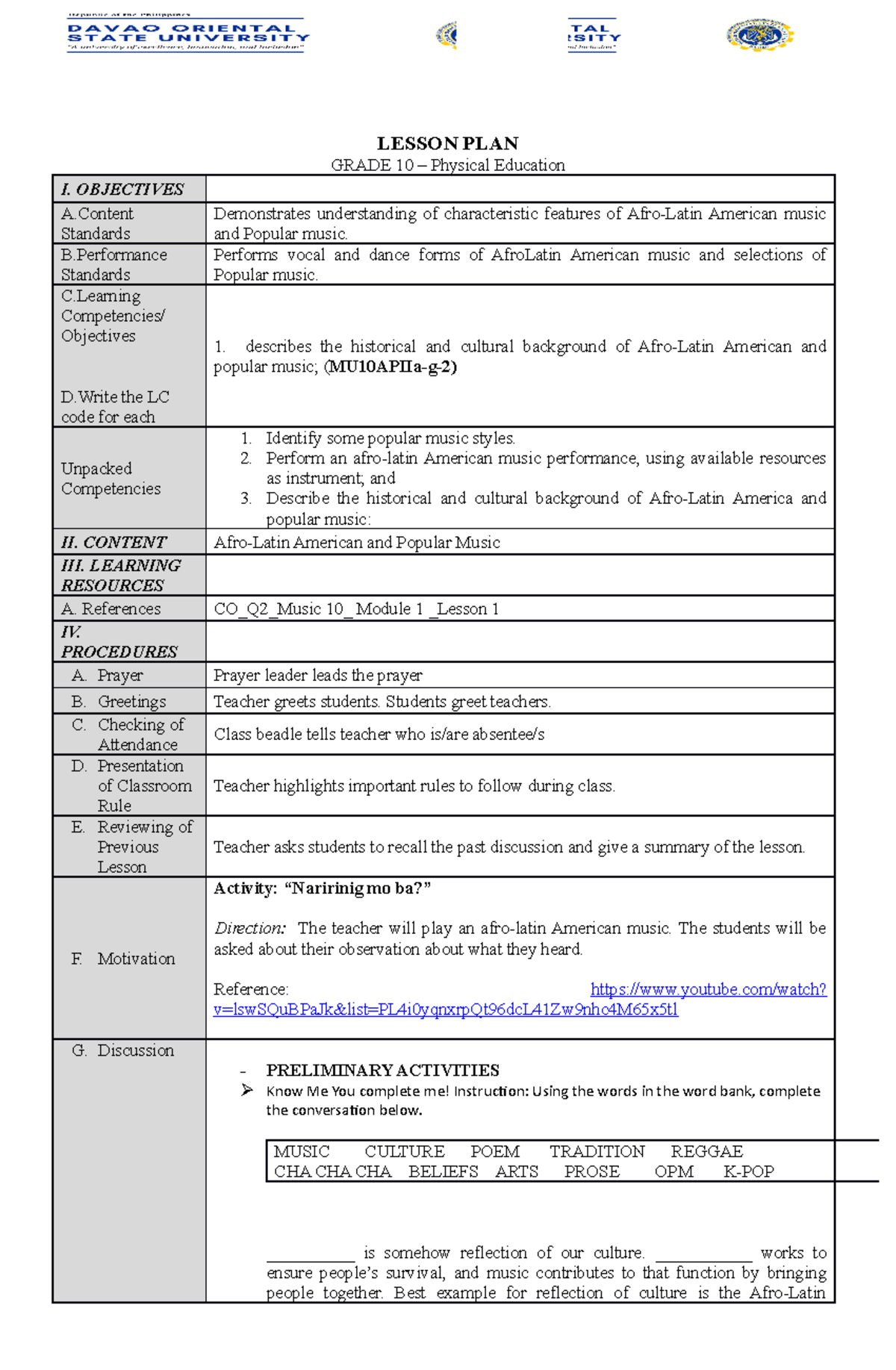 FS LP 6 - Lesson Plan - LESSON PLAN GRADE 10 – Physical Education I ...
