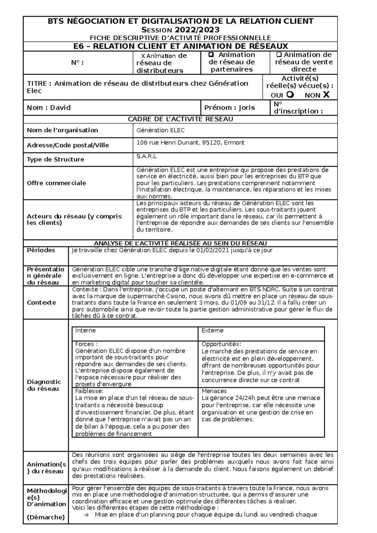 Fiche exemple E6 réseau de distribution 2eme - BTS NÉGOCIATION ET DIGITALISATION DE LA RELATION ...