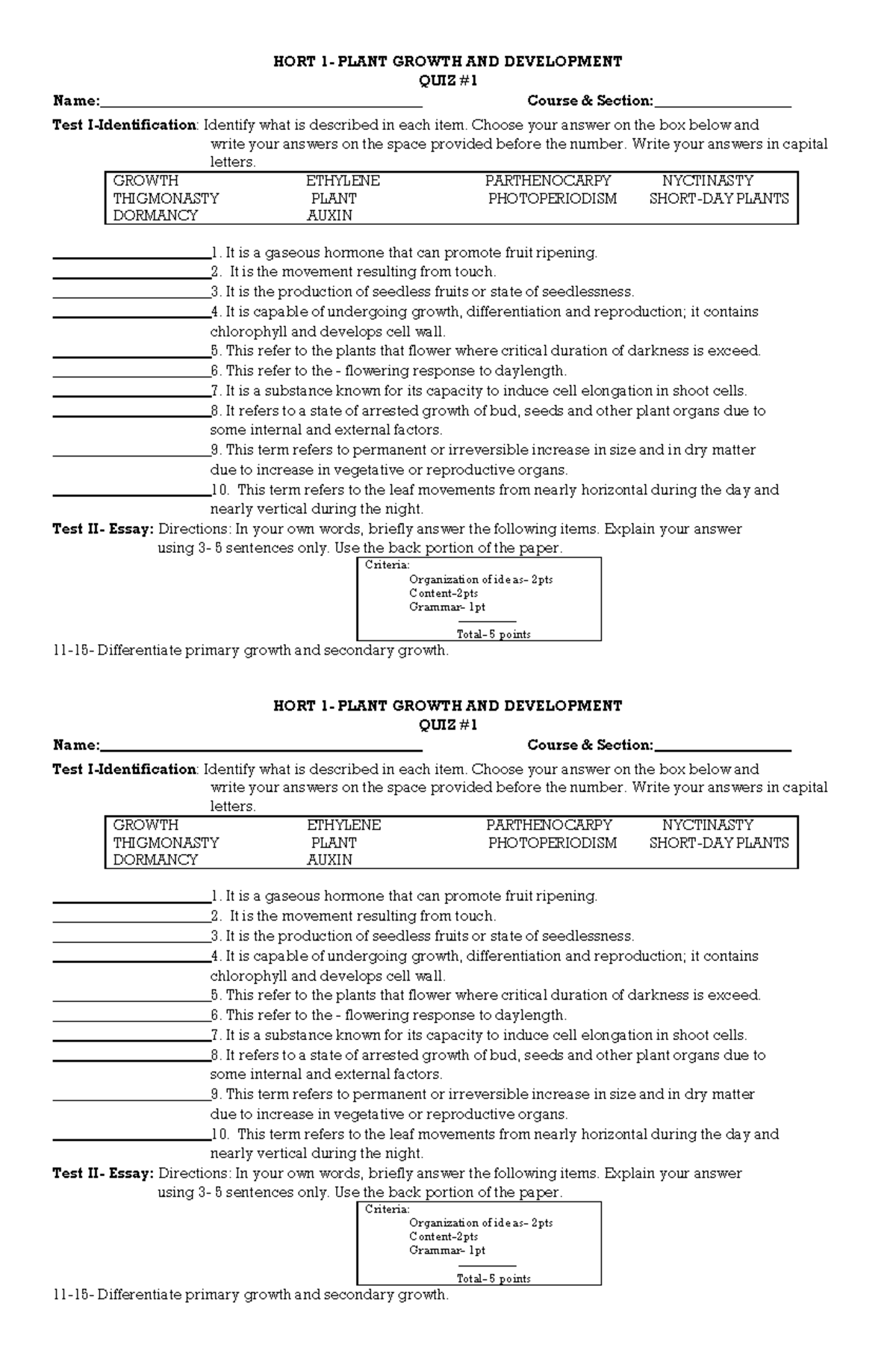 HORT 2 quiz - read - HORT 1- PLANT GROWTH AND DEVELOPMENT QUIZ Name ...