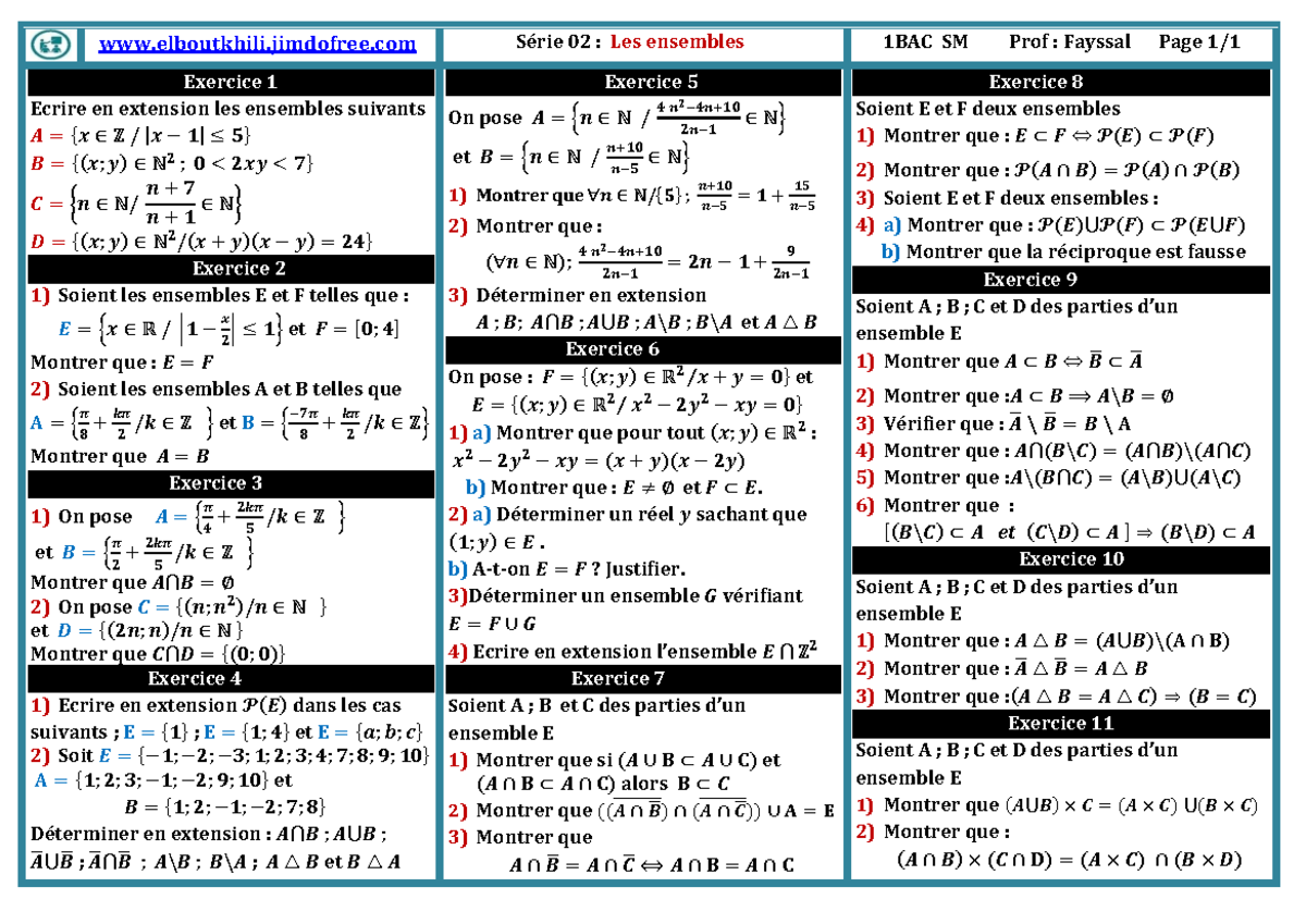 Les-ensembles-exercices - Série 02 : Les ensembles 1BAC SM Prof : Fayssal Page 1/ - Studocu