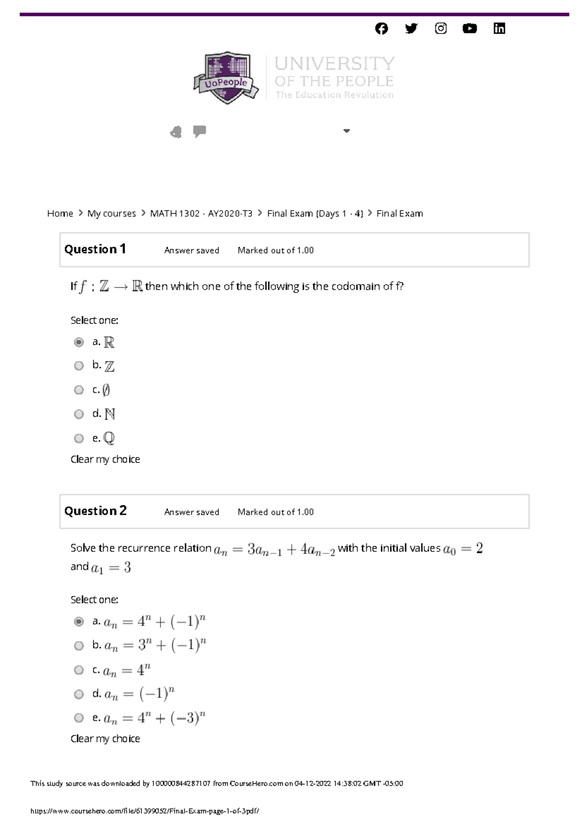 Final Exam page 1 of 3 - / Question 1 Answer saved Marked out of 1. If ...